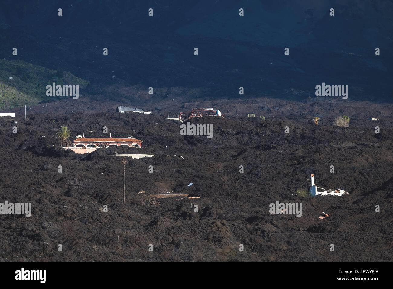 lava stream of eruption of volcano Cumbre Vieja 2021, destroyed houses ...
