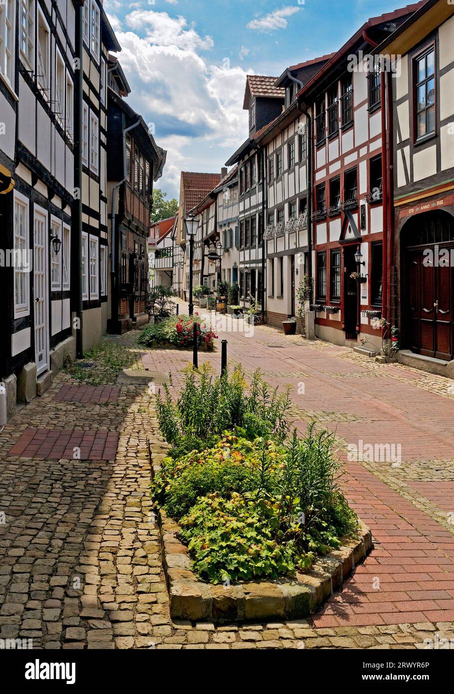 small lane with timbered house in the old city of Hameln, Germany ...