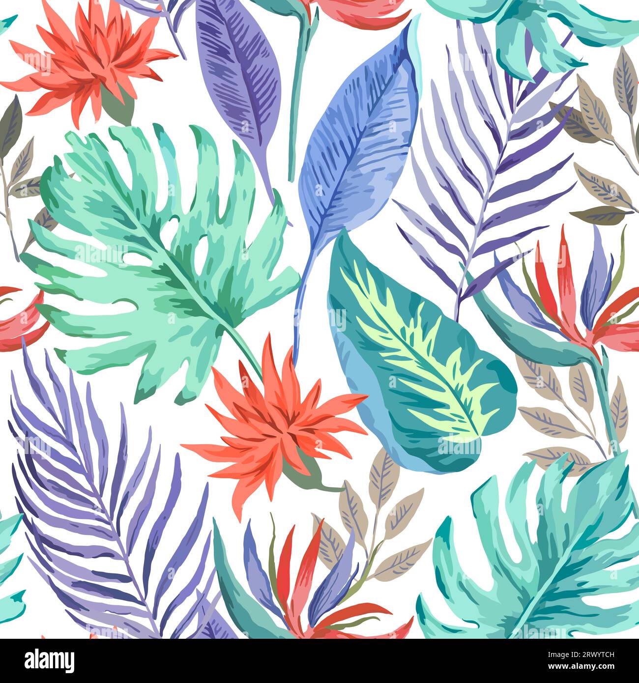 Realistic tropical pattern with monstera leaves and red flowers. Vector ...