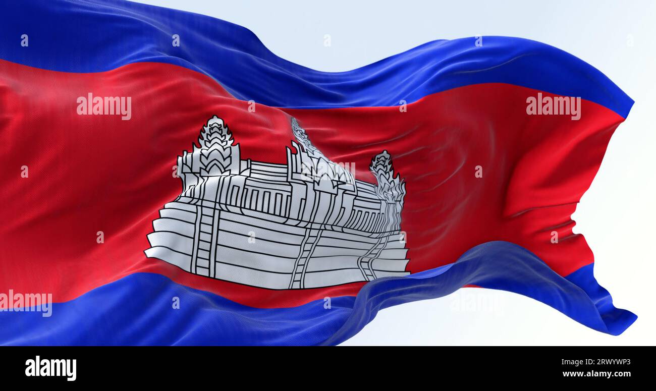 Close-up of Cambodia national flag waving. Three bands, blue, double ...