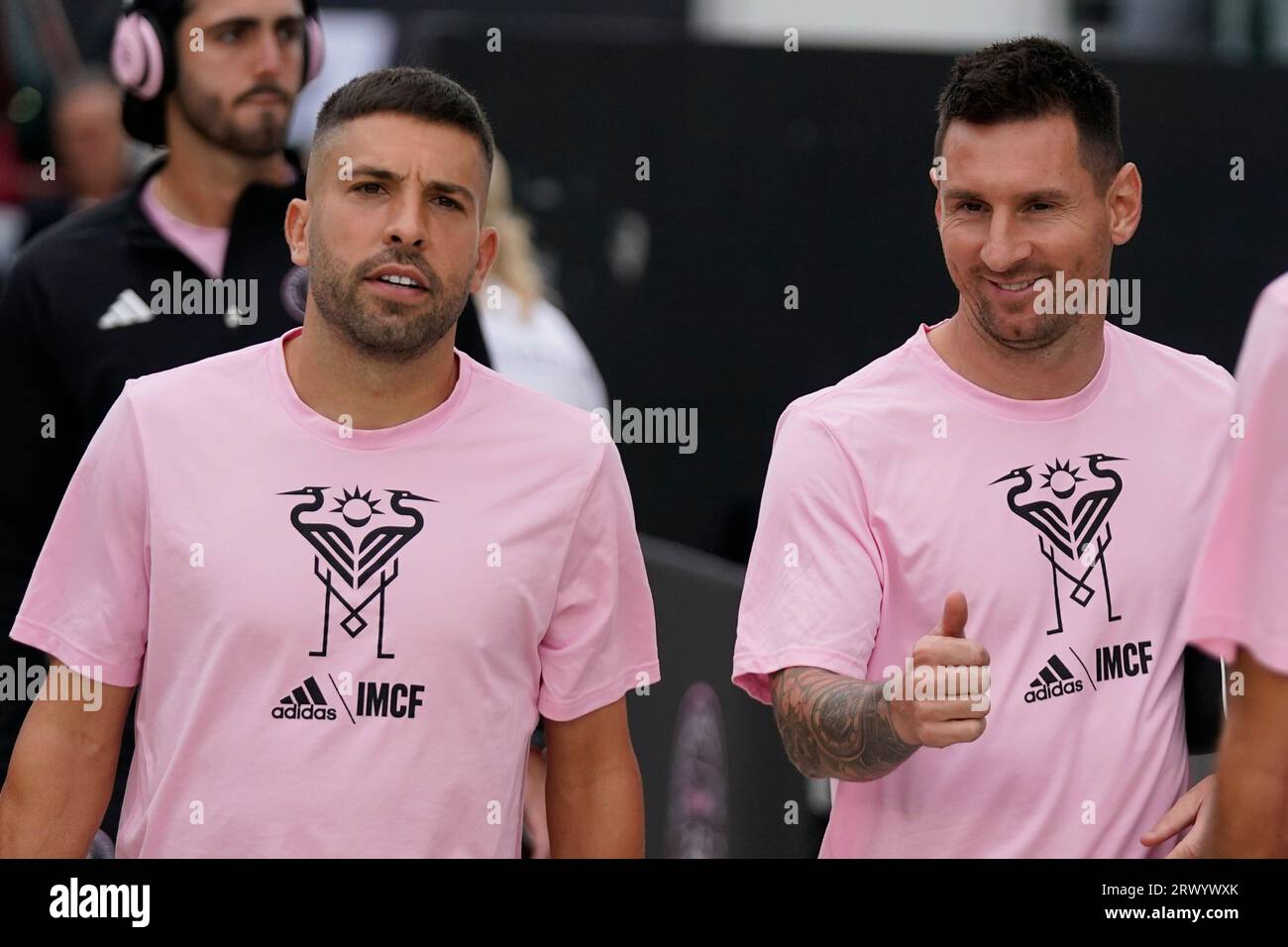 Inter Miami defender Jordi Alba, left, and forward Lionel Messi chat as ...