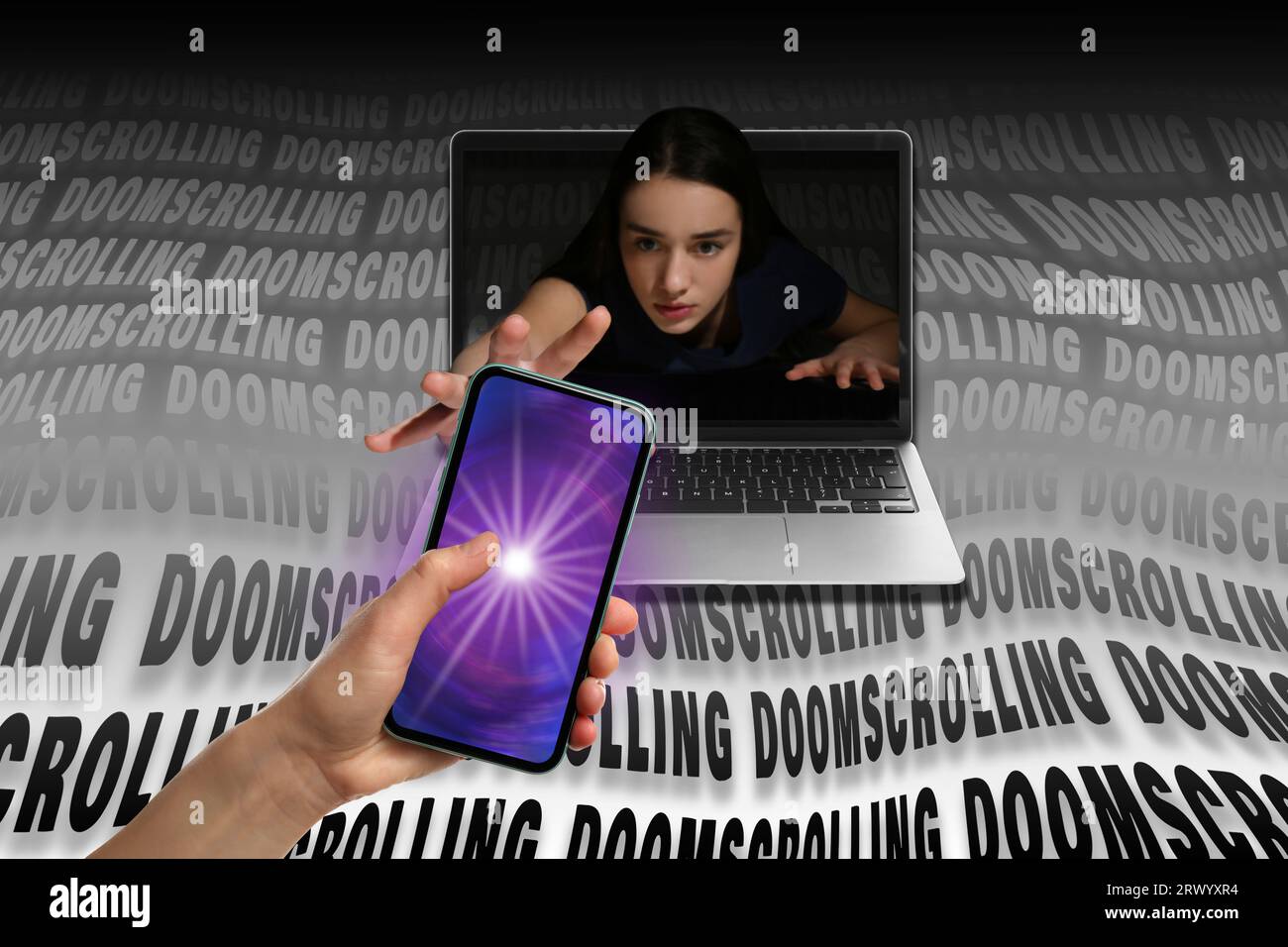 Doomscrolling concept. Woman sticking out of laptop screen reaching for ...