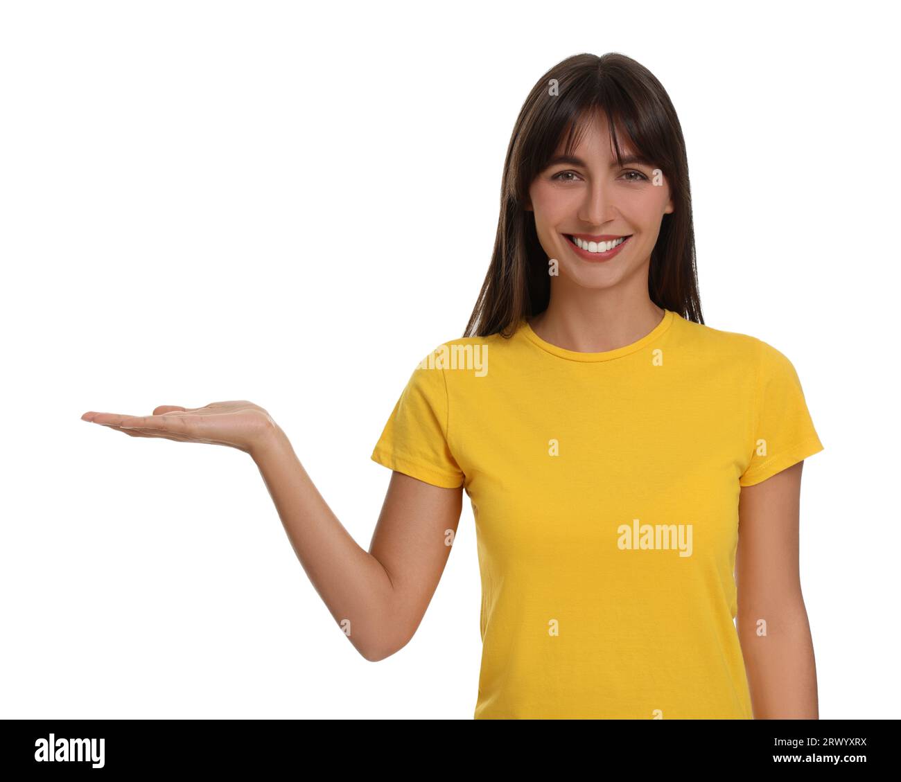 Special promotion. Happy woman showing something on white background ...