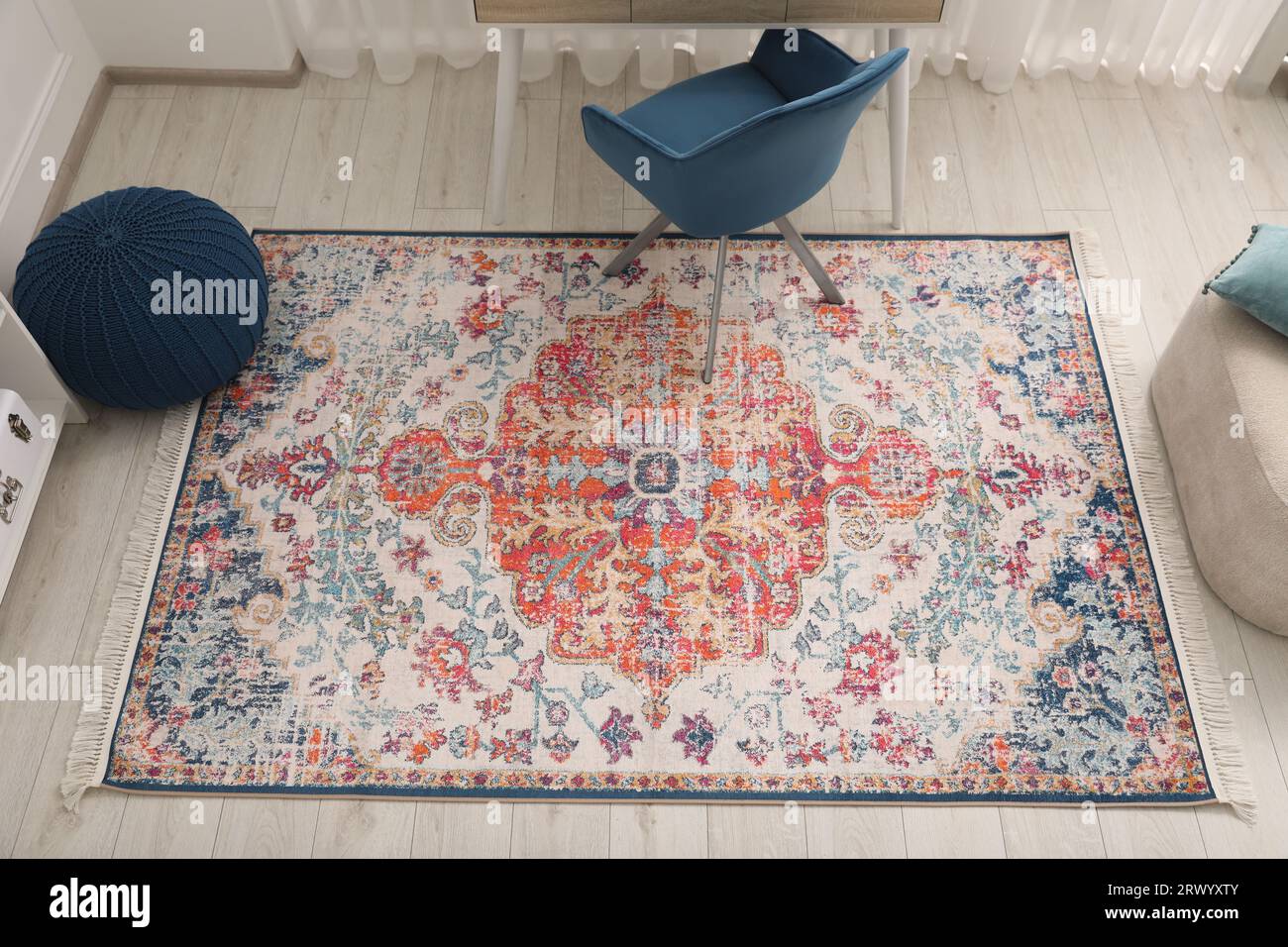 Stylish room with beautiful rug and furniture, above view. Interior ...