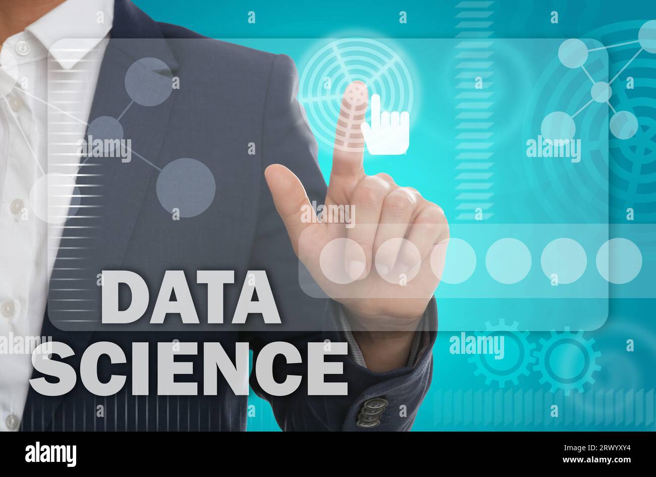 Data science. Woman touching digital screen, closeup Stock Photo - Alamy
