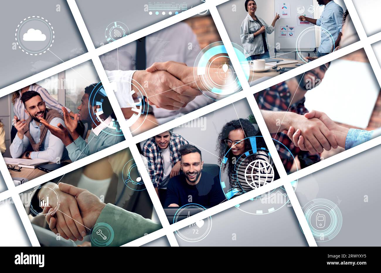 Partner, collaboration. Collage with photos of businesspeople and icons ...
