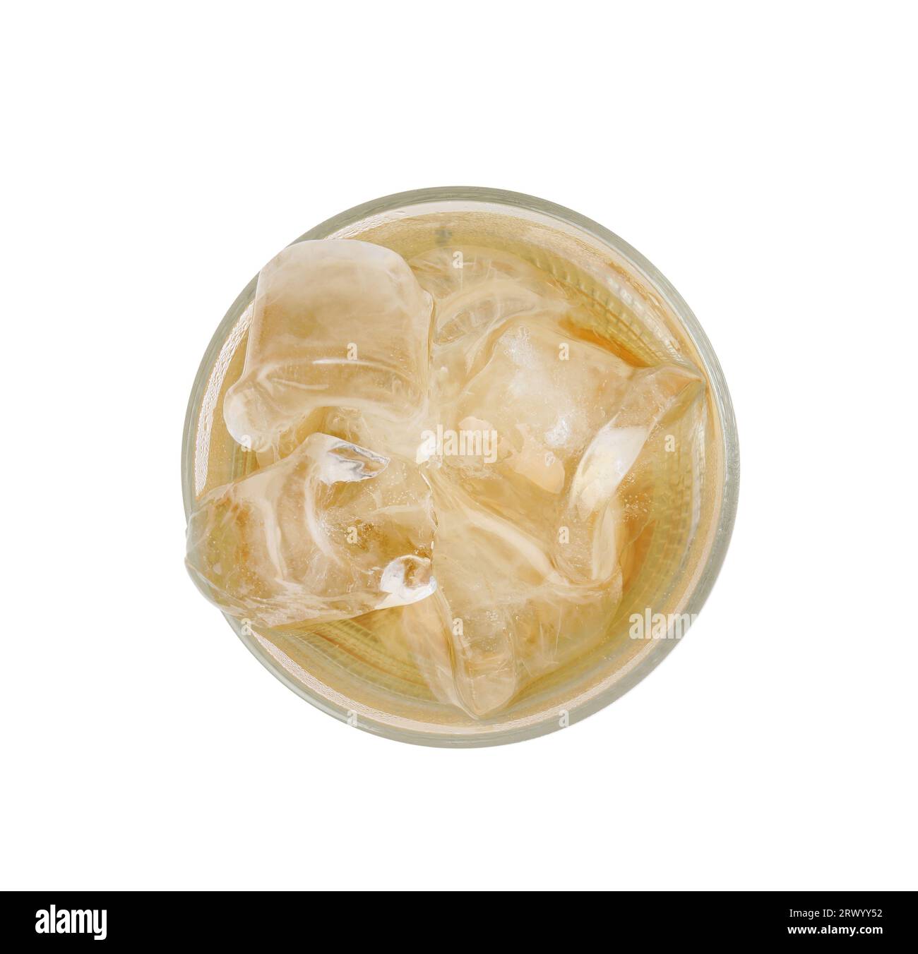 Glass of tasty ginger ale with ice cubes isolated on white, top view Stock Photo - Alamy