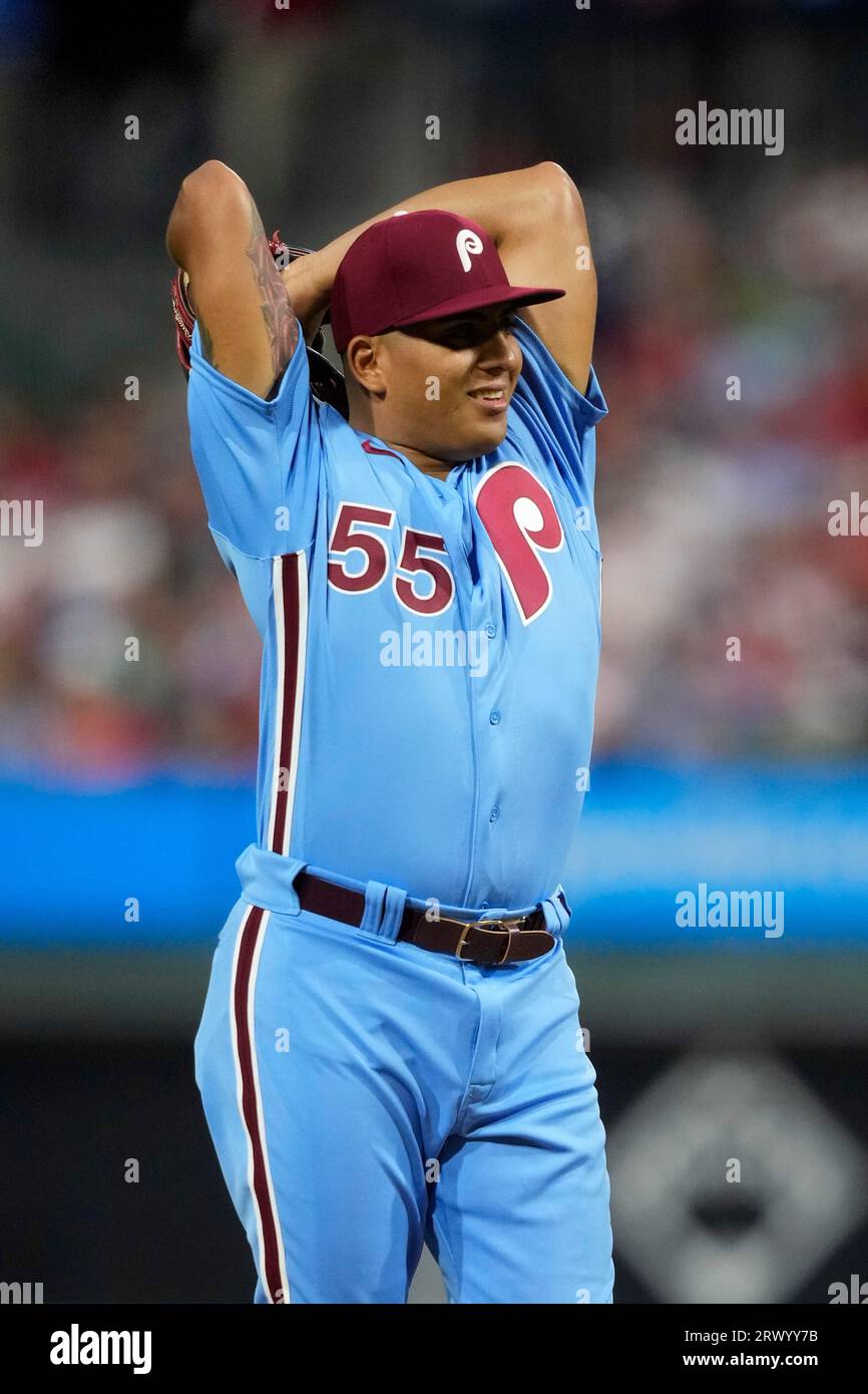 Philadelphia Phillies pitcher Ranger Suarez reacts after hitting New ...