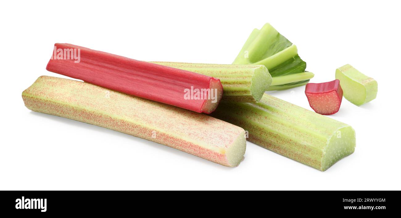Cut fresh ripe rhubarb on white background Stock Photo - Alamy