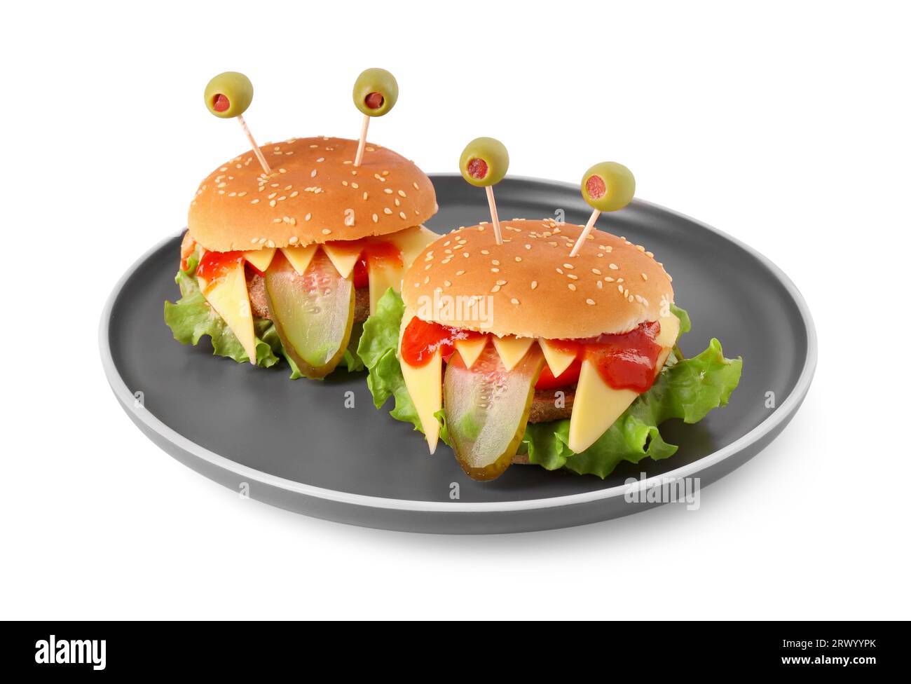 Cute monster burgers isolated on white. Halloween party food Stock ...