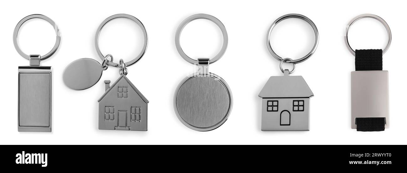Set of metal key chains in different shapes isolated on white Stock ...