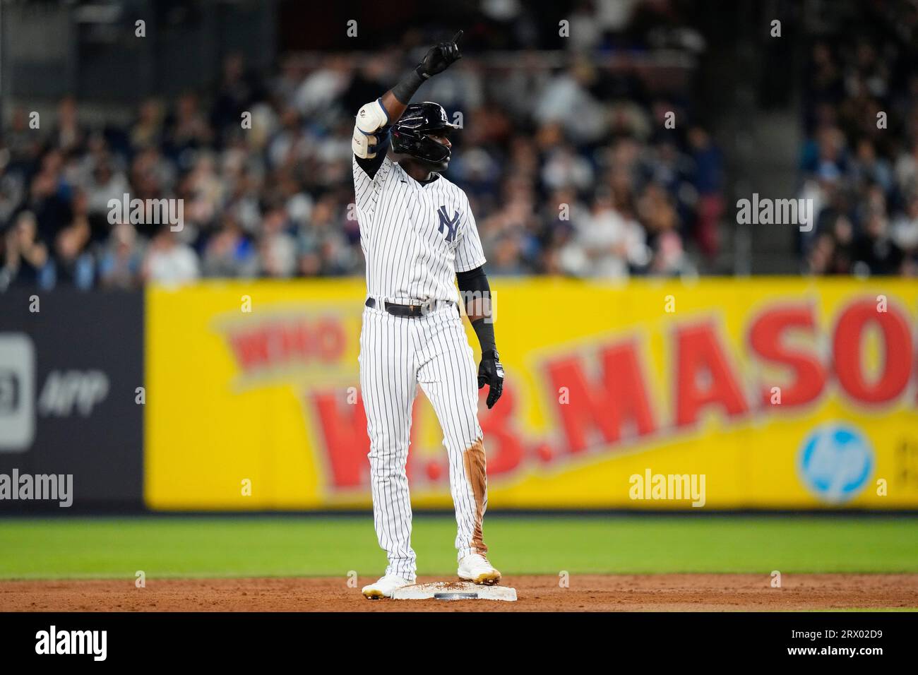 New York Yankees' Estevan Florial gestures to teammates after hitting ...