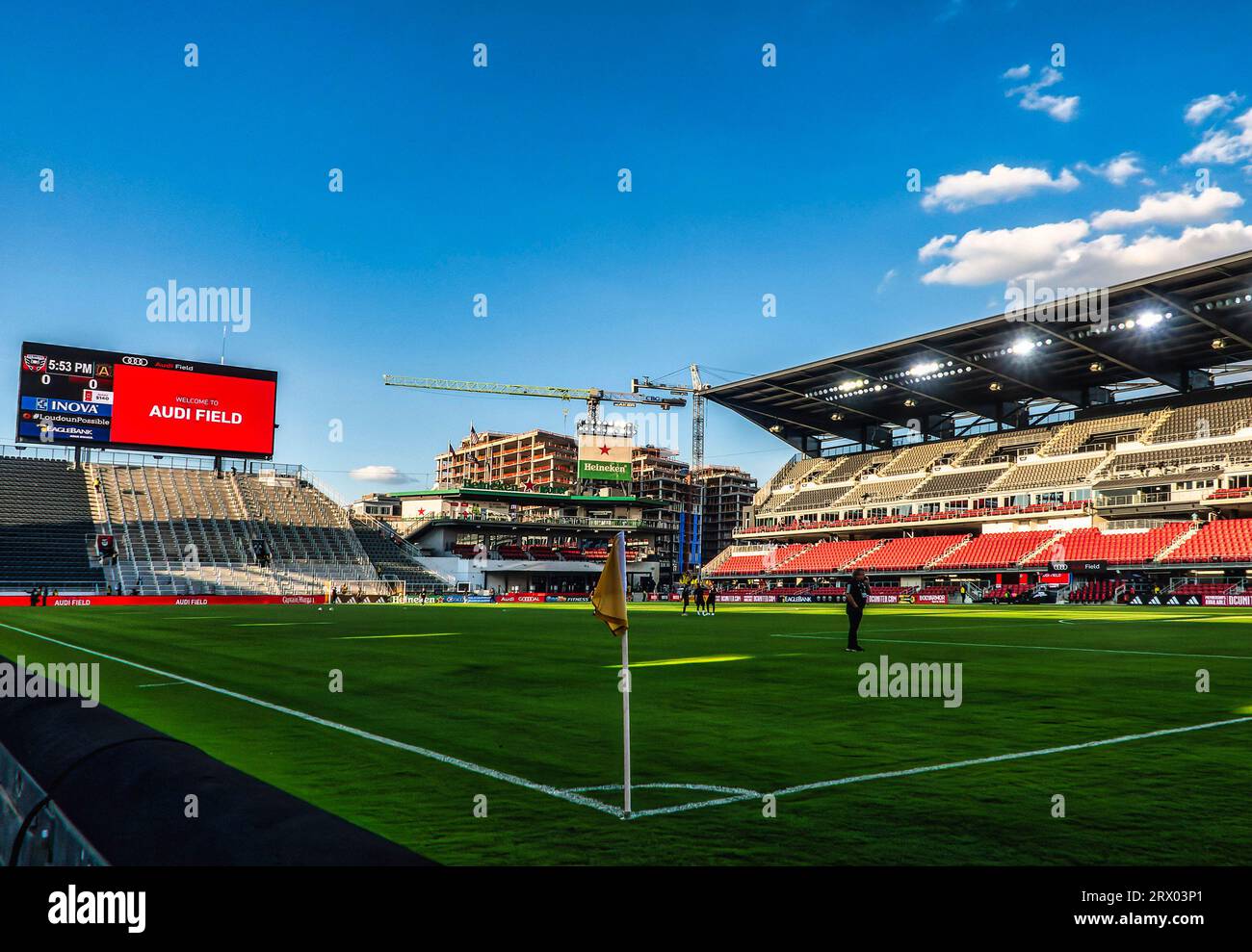 The view from behind the corner flag at a soccer stadium Stock Photo ...
