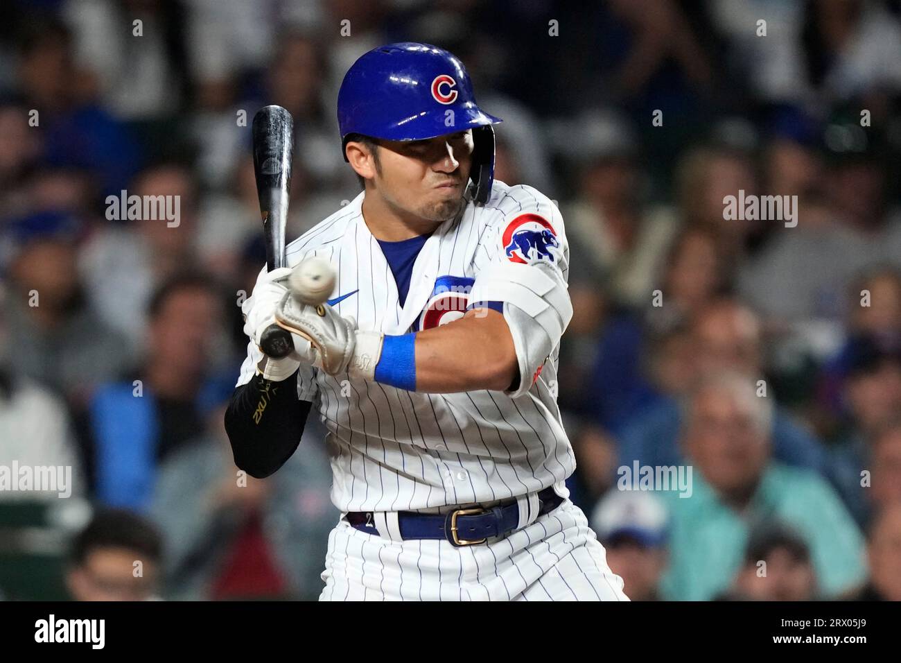 Chicago Cubs' Seiya Suzuki reacts to a high and inside pitch from ...