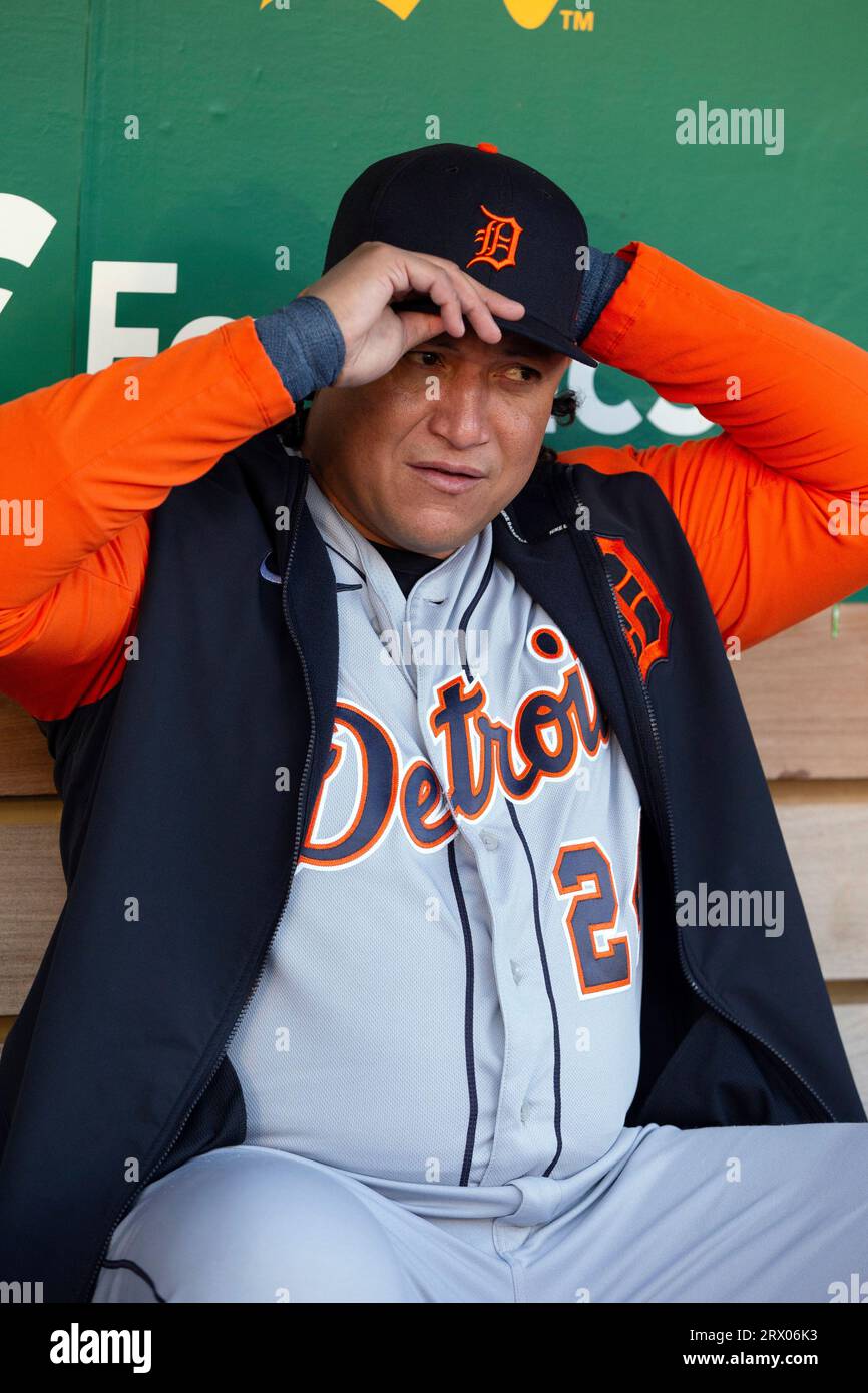 Detroit Tigers designated hitter Miguel Cabrera adjusts his cap before ...