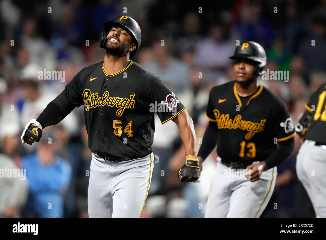 Pittsburgh Pirates' Joshua Palacios celebrates his pinch-hit, three-run ...