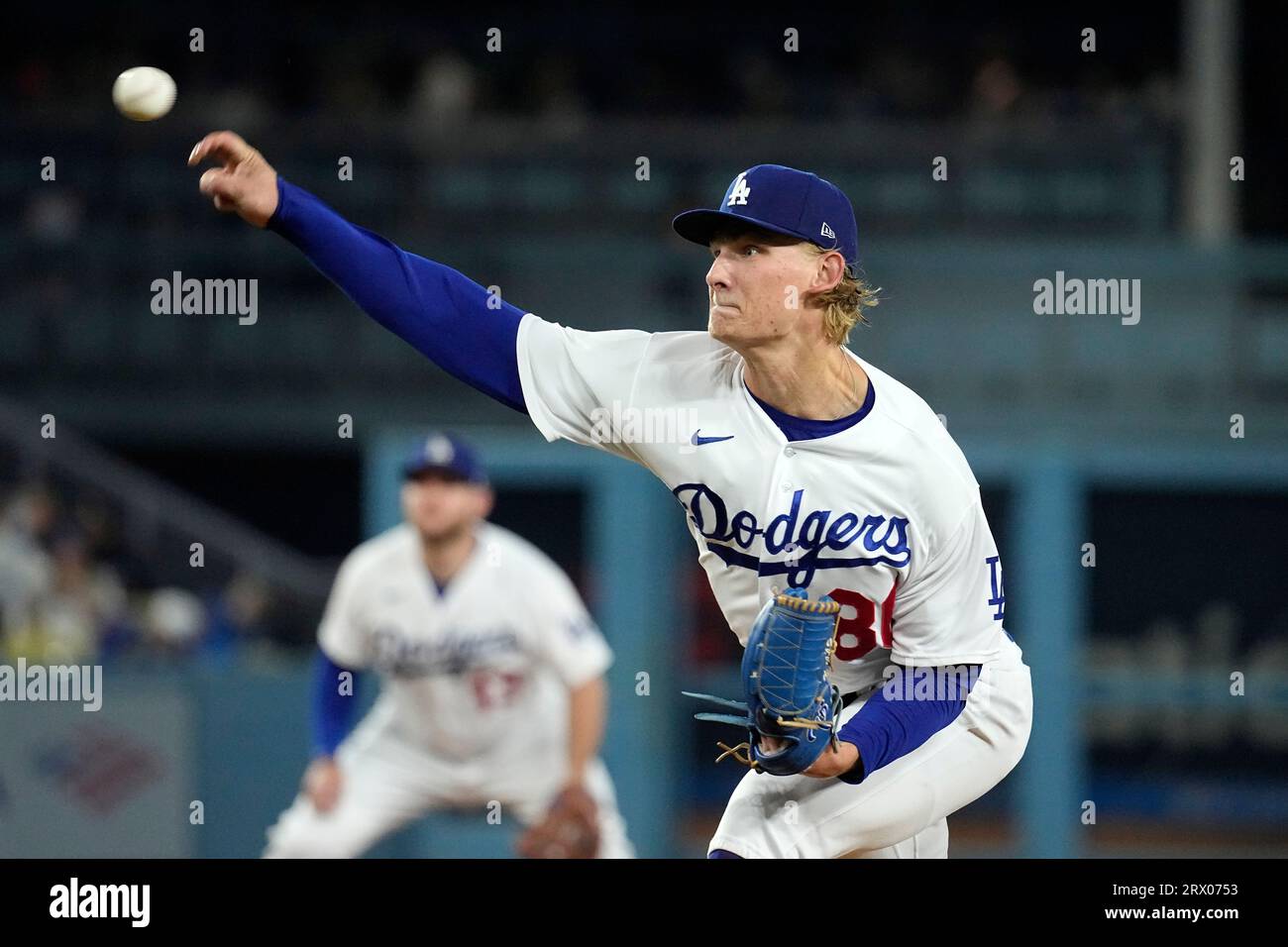 Los Angeles Dodgers starting pitcher Emmet Sheehan throws to the plate ...