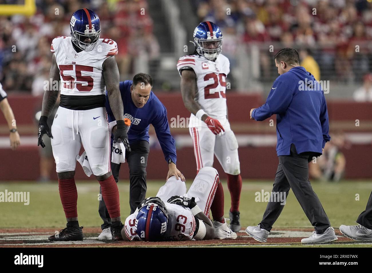 New York Giants defensive tackle Rakeem Nunez-Roches (93) is tended to ...