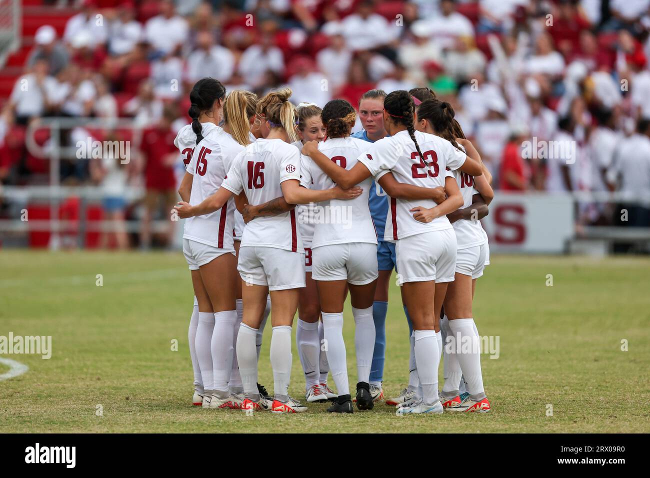 September 21, 2023: Members of the Razorback soccer team gather around ...