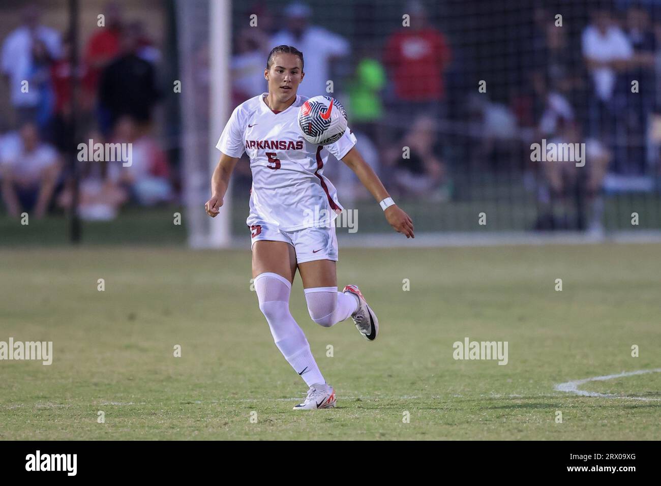 September 21, 2023: Bella Field #5 Arkansas forward eyes a bounding ball in front of her ...