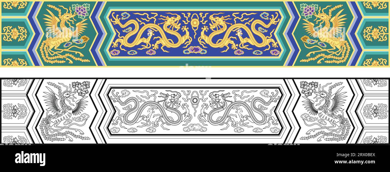 Layered editable vector illustration pattern of dragon and Phoenix ...