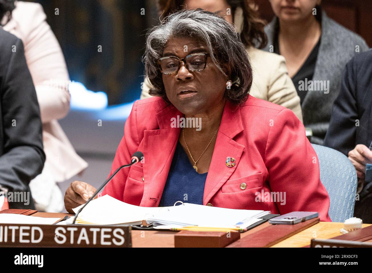 US Ambassador Linda Thomas-Greenfield speaks during SC meeting on ...