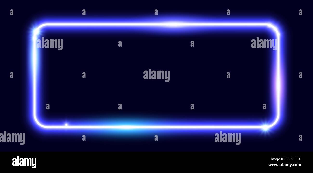 Neon glowing rectangular frame. Blue purple shining rectangle border. Horizontal electric light ...