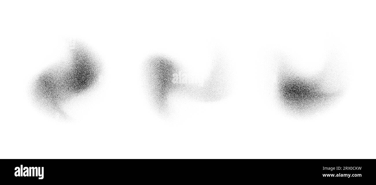 Abstract fluid stippled gradient splashes. Noise grain texture stains ...