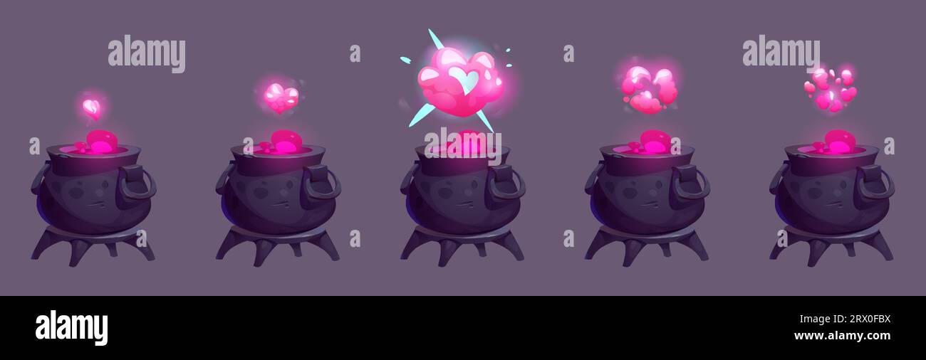 Pink magic witch pot animation cartoon sprite. Heart steam cloud above love potion in cauldron ...