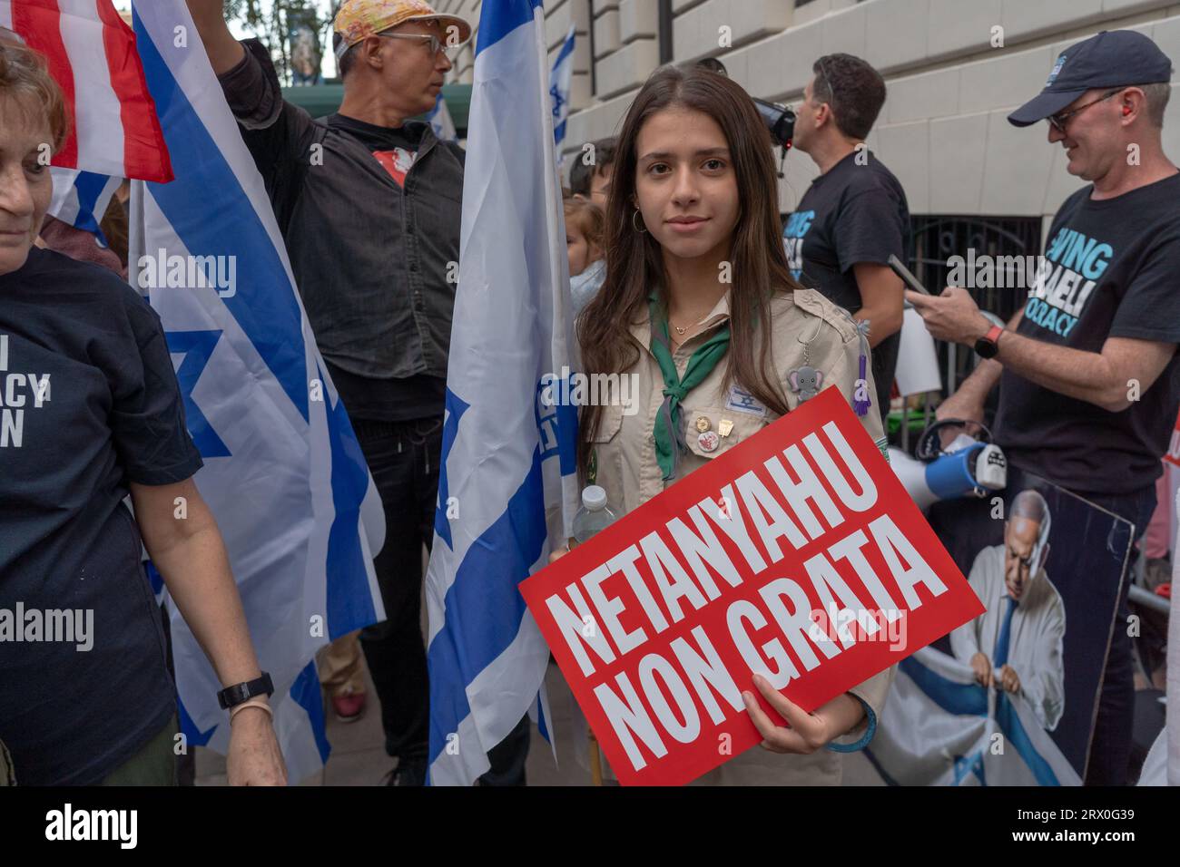NEW YORK, NEW YORK - SEPTEMBER 21: A member of the Israeli Scouts holds ...