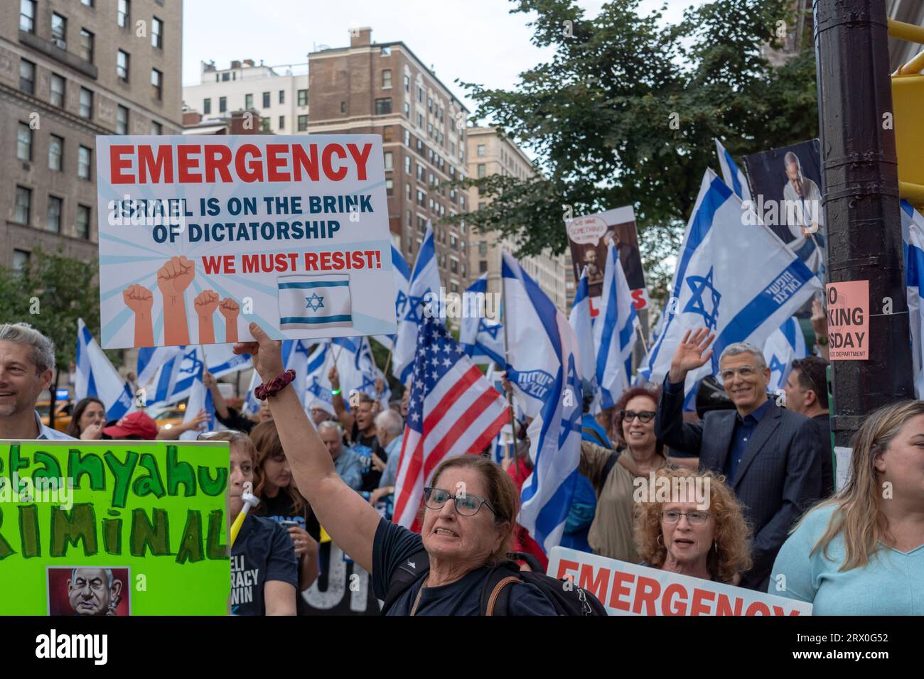 NEW YORK, NEW YORK - SEPTEMBER 21: Mostly Israeli Expat holding Israeli ...