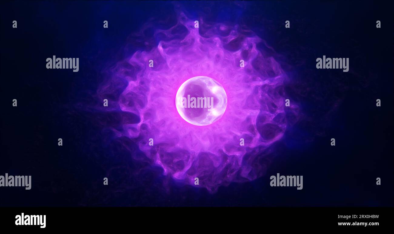 Purple energy sphere with glowing bright particles, atom with electrons ...