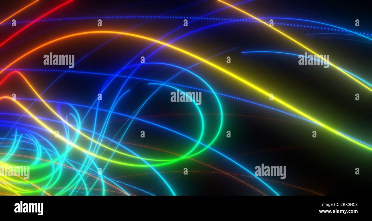 Abstract multi-colored rainbow neon energy laser lines flying on a ...