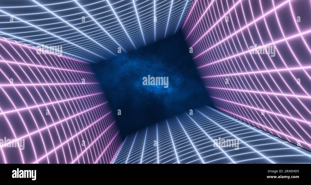 Abstract purple blue energy grid swirling tunnel of lines in the top ...