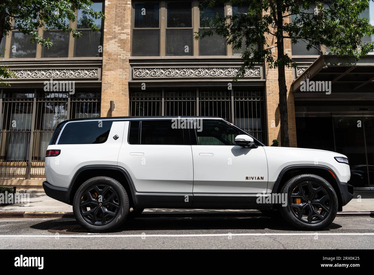 New York City, USA - August 06, 2023: Rivian R1S SUV electric white car ...