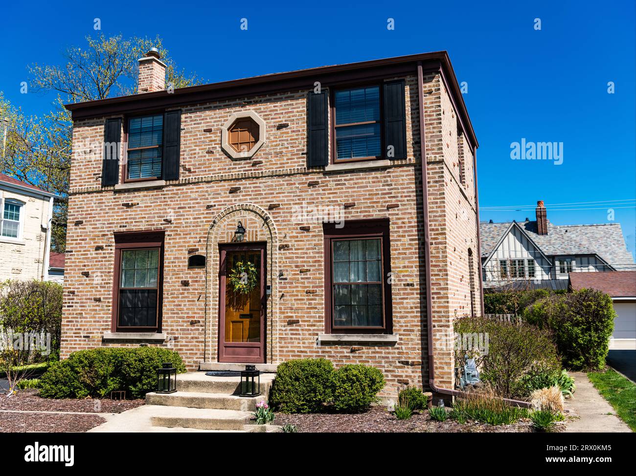 cottage village. Exterior of a suburban cottage in neighborhood ...