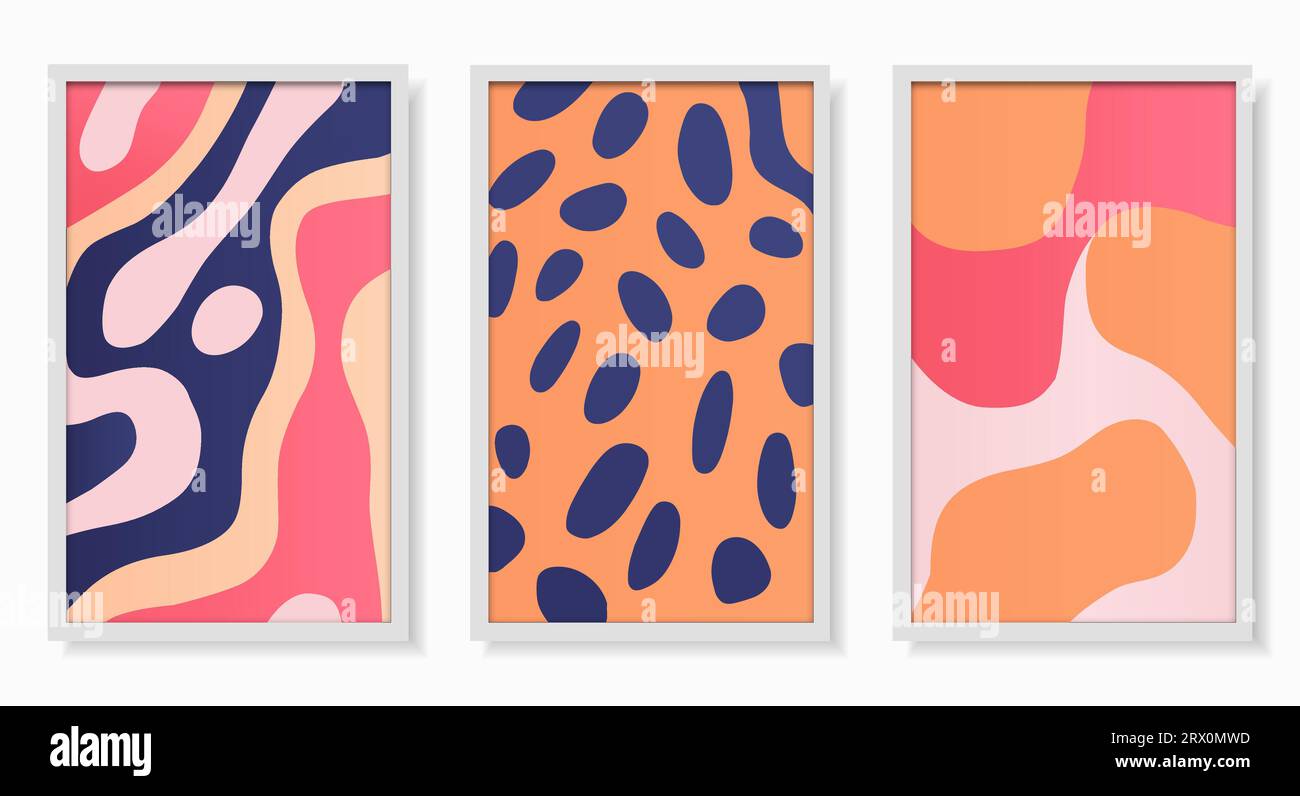 A set of three hand drawn colorful abstract artwork panels in different ...