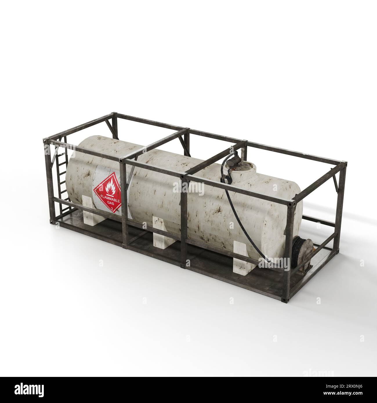 A 3D rendered propane tank is safely stored in a protective metal cage ...