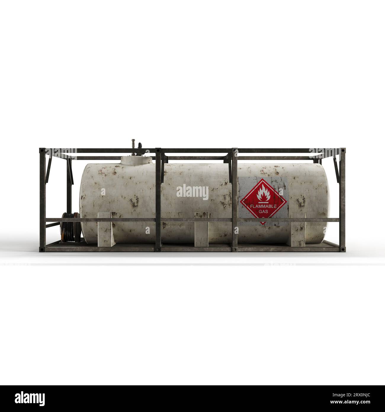 A 3D rendered propane tank is safely stored in a protective metal cage ...