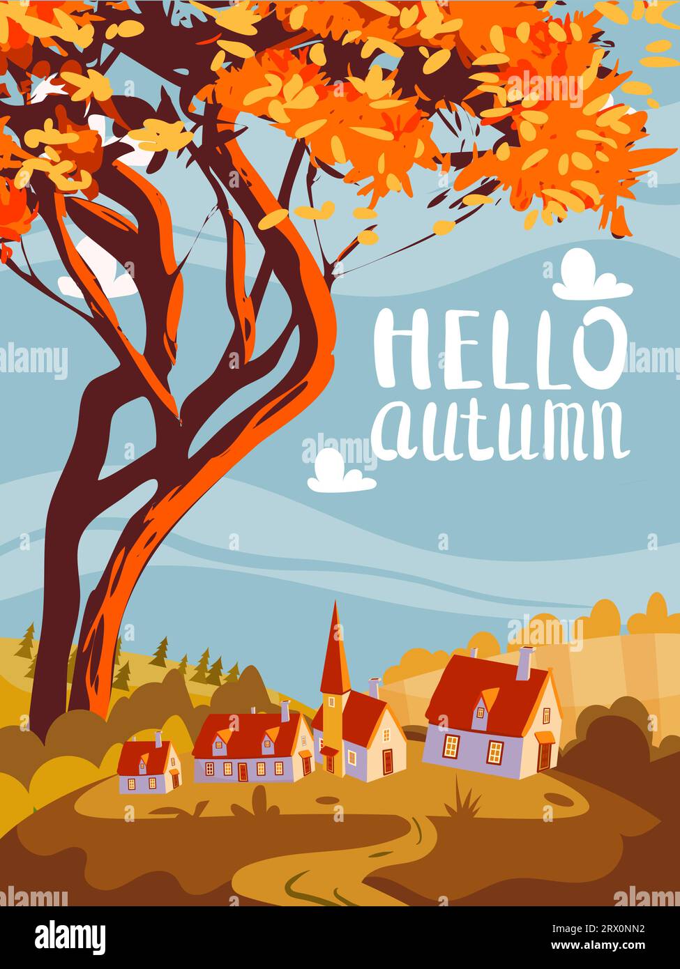 Poster Hello Autumn countryside landscape, fall tree, farm, rural ...