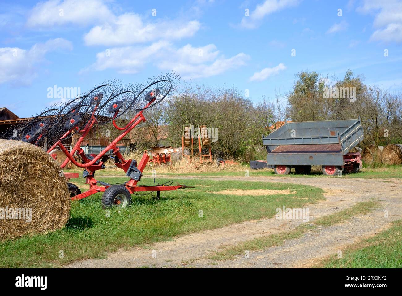 farming agricultural implement tractor towed trailer wheel rake Stock ...