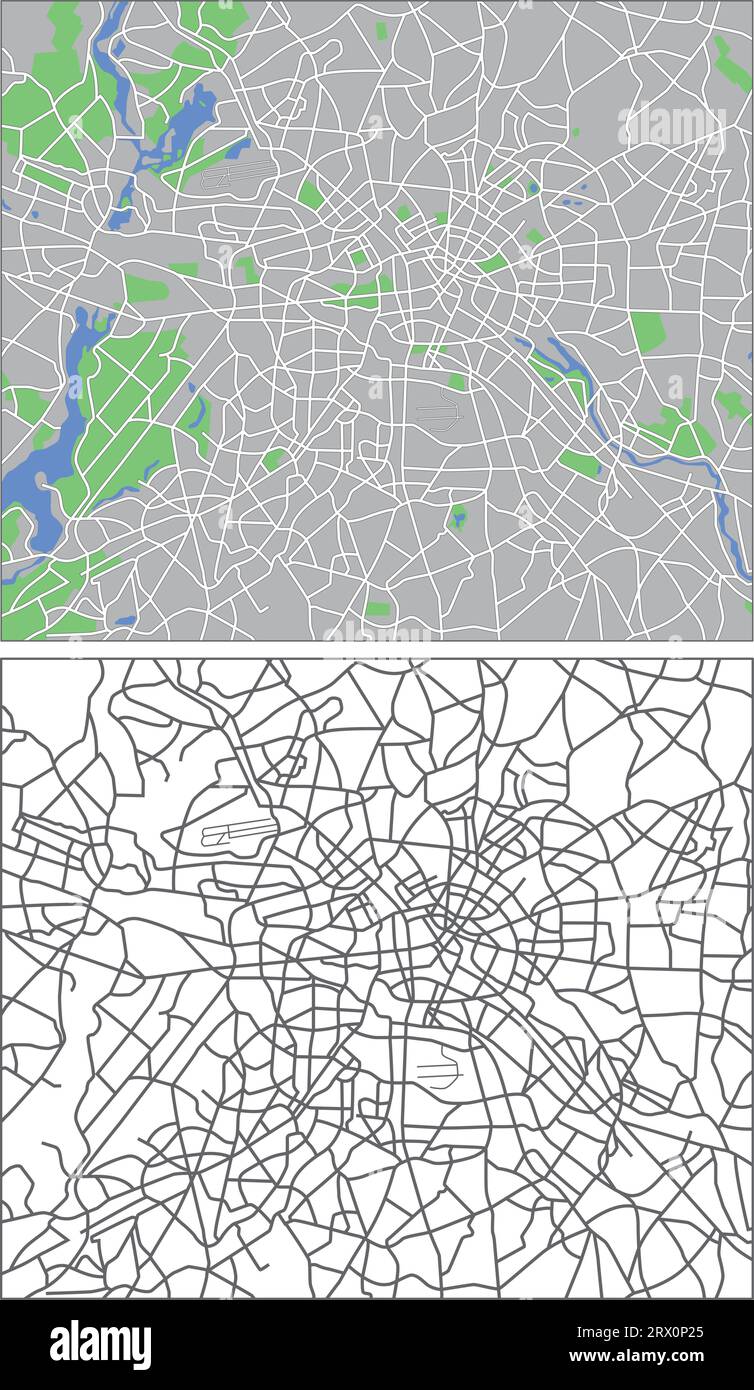 Layered editable vector streetmap of Berlin,Germany,which contains lines and colored shapes for ...