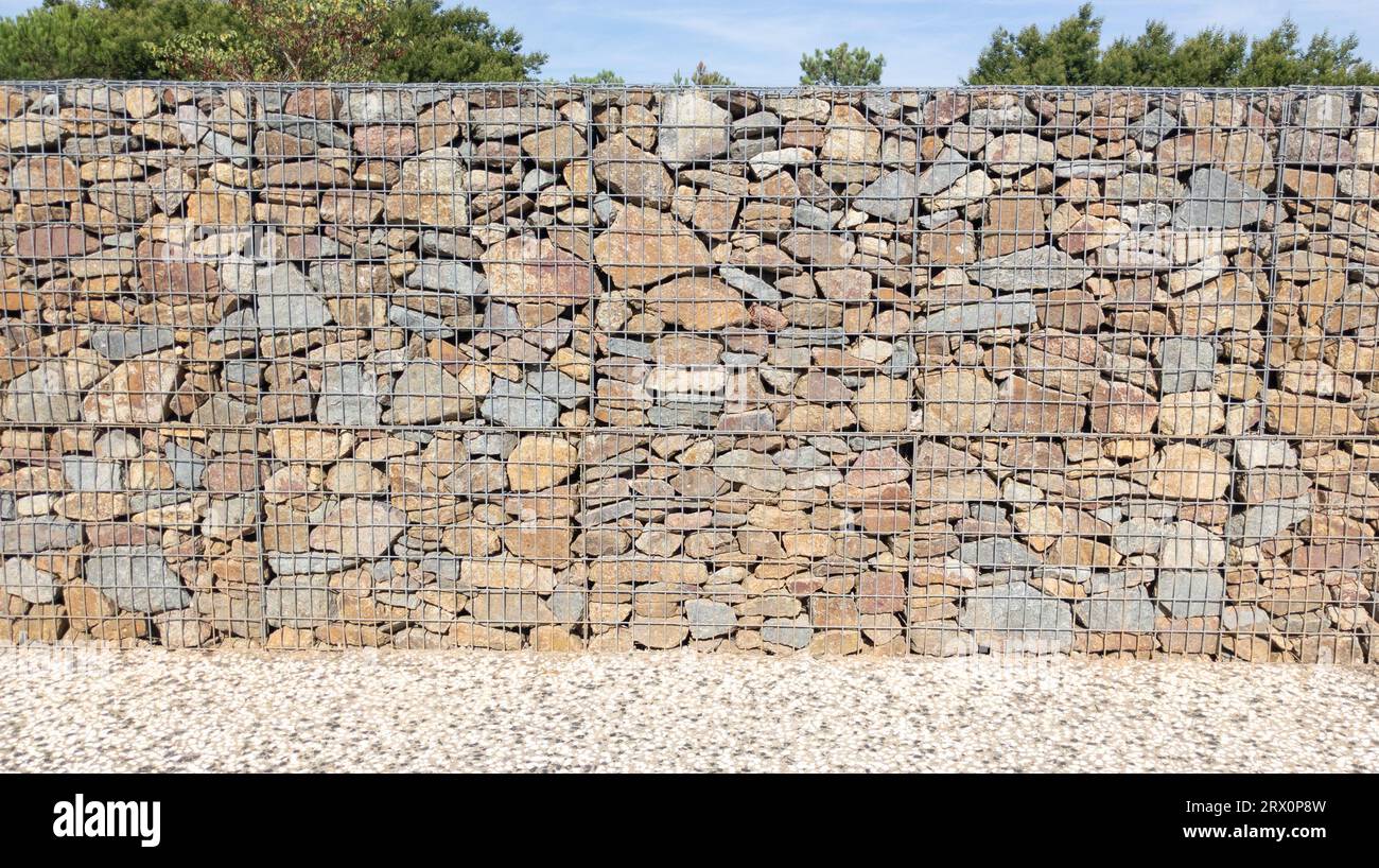 background gabion fence big cage wall facade of wall building Stock ...