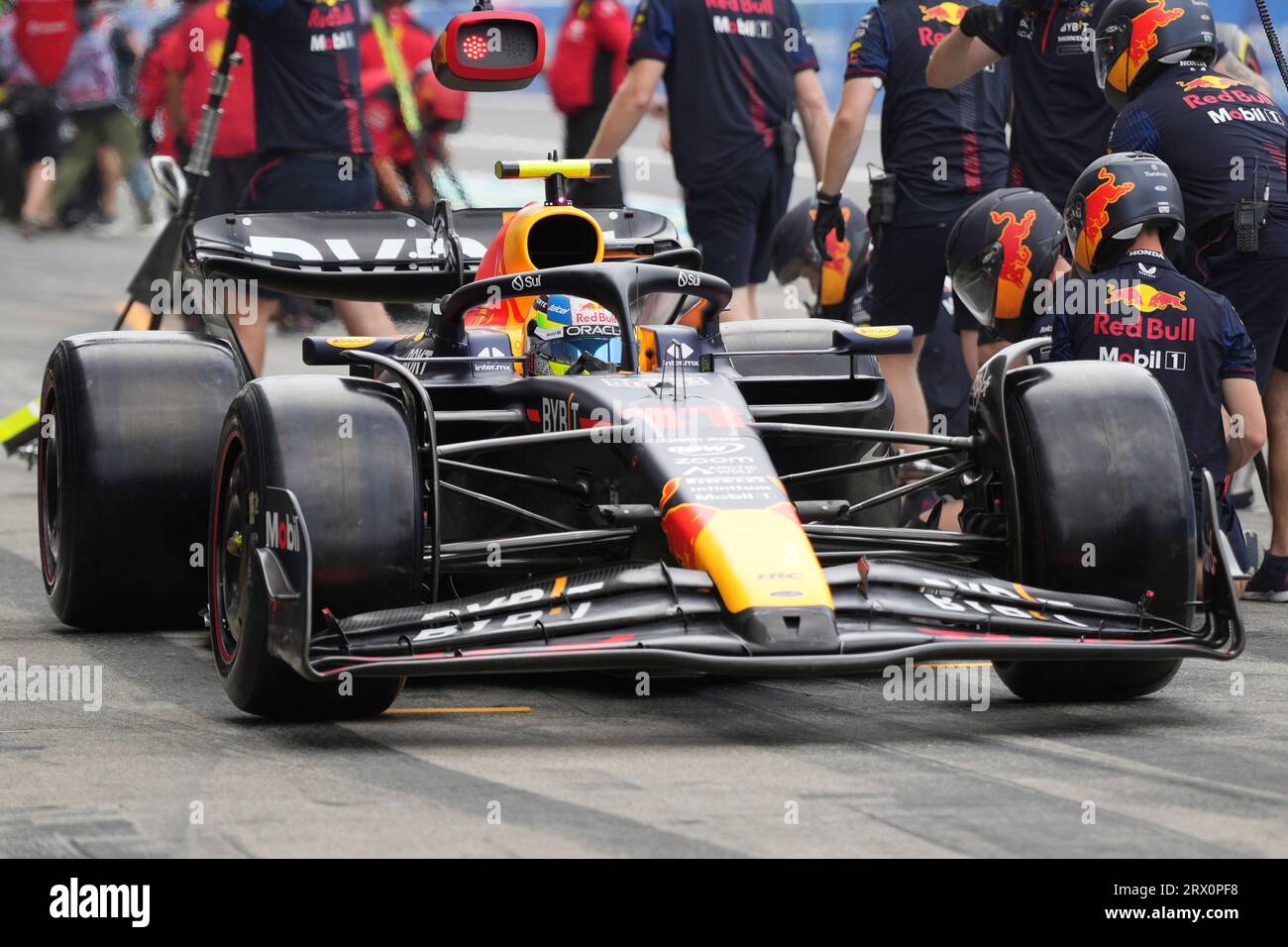 Red Bull driver Sergio Perez of Mexico steers his car during the second practice ahead of the ...