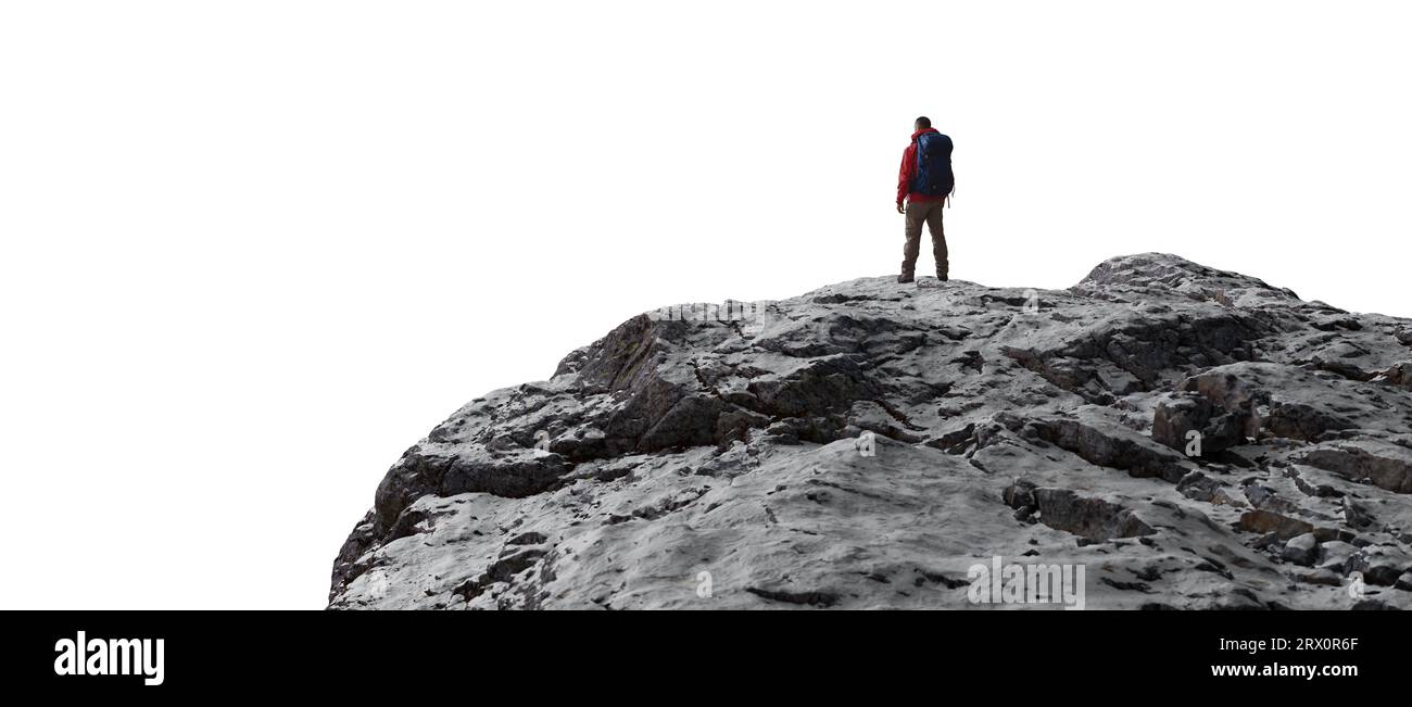 Adventure Man Hiker standing on top of Mountain Peak. Cutout on White ...