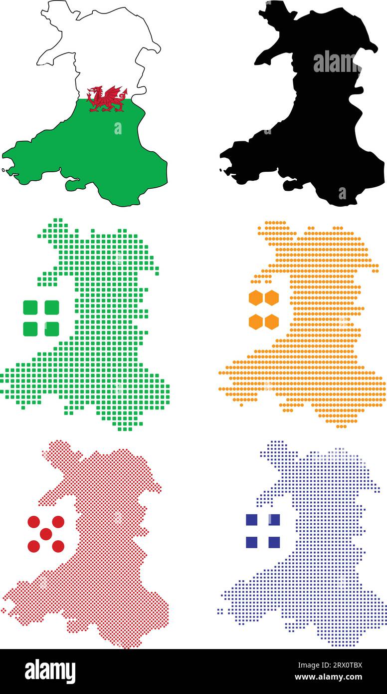 Layered editable vector illustration country map of Wales,which contains colorful country flag ...