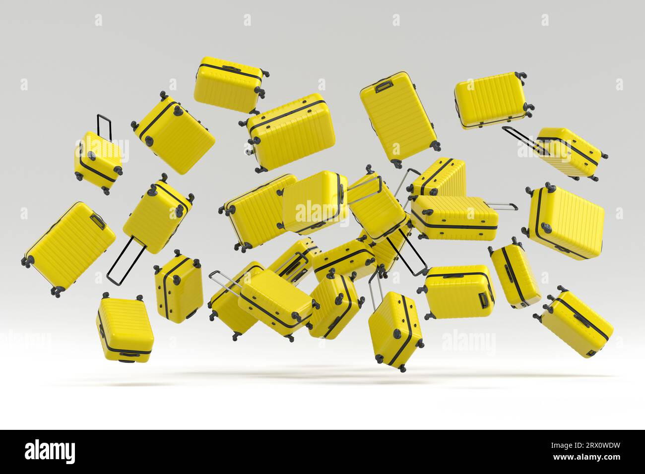 Many of flying suitcase or baggages isolated on white background.. 3d ...