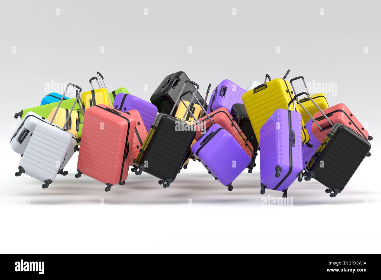 Many of flying suitcase or baggages isolated on white background.. 3d ...