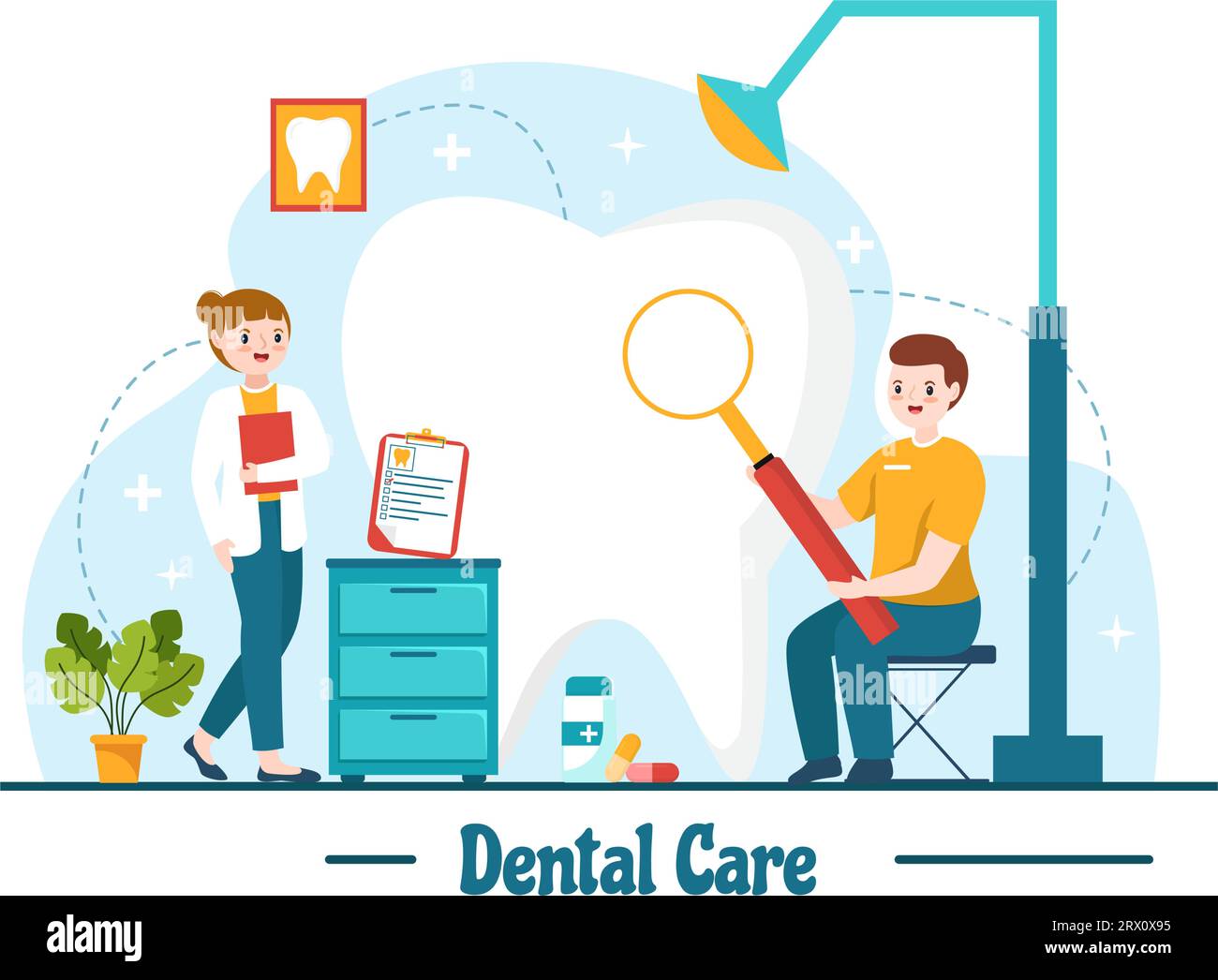 Dental Care Vector Illustration with Dentist Treating Human Teeth and ...