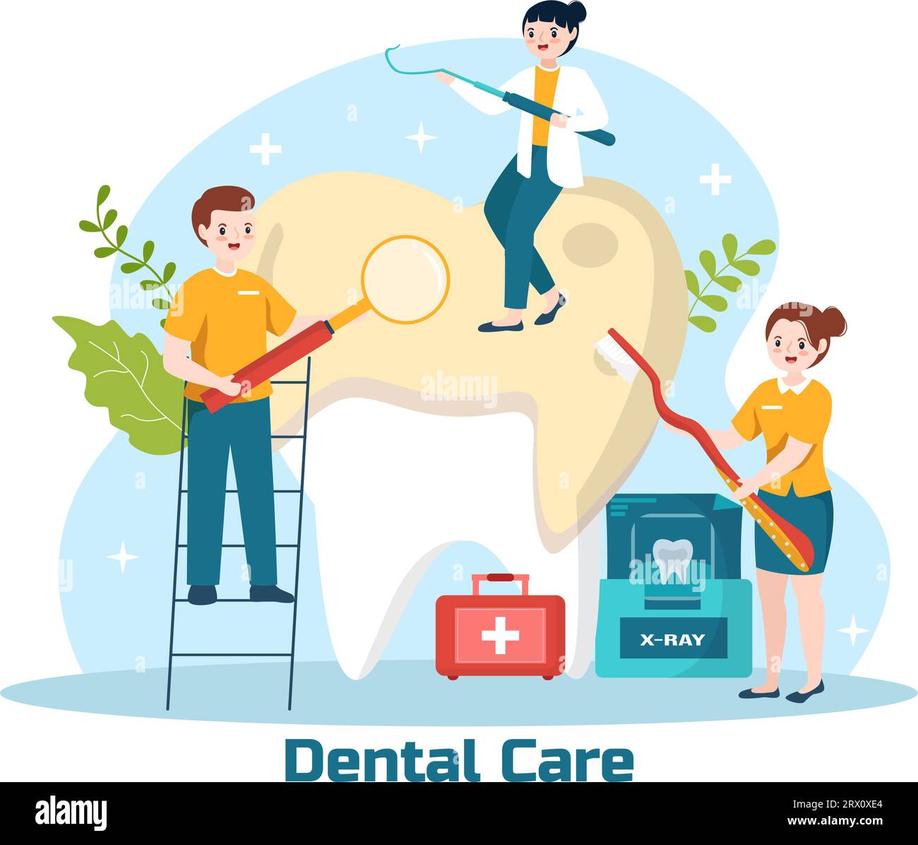 Dental Care Vector Illustration with Dentist Treating Human Teeth and ...